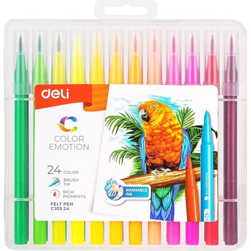 Фломастеры набор Deli Color Emotion кисть смываемые 24цв. пластик. Пенал