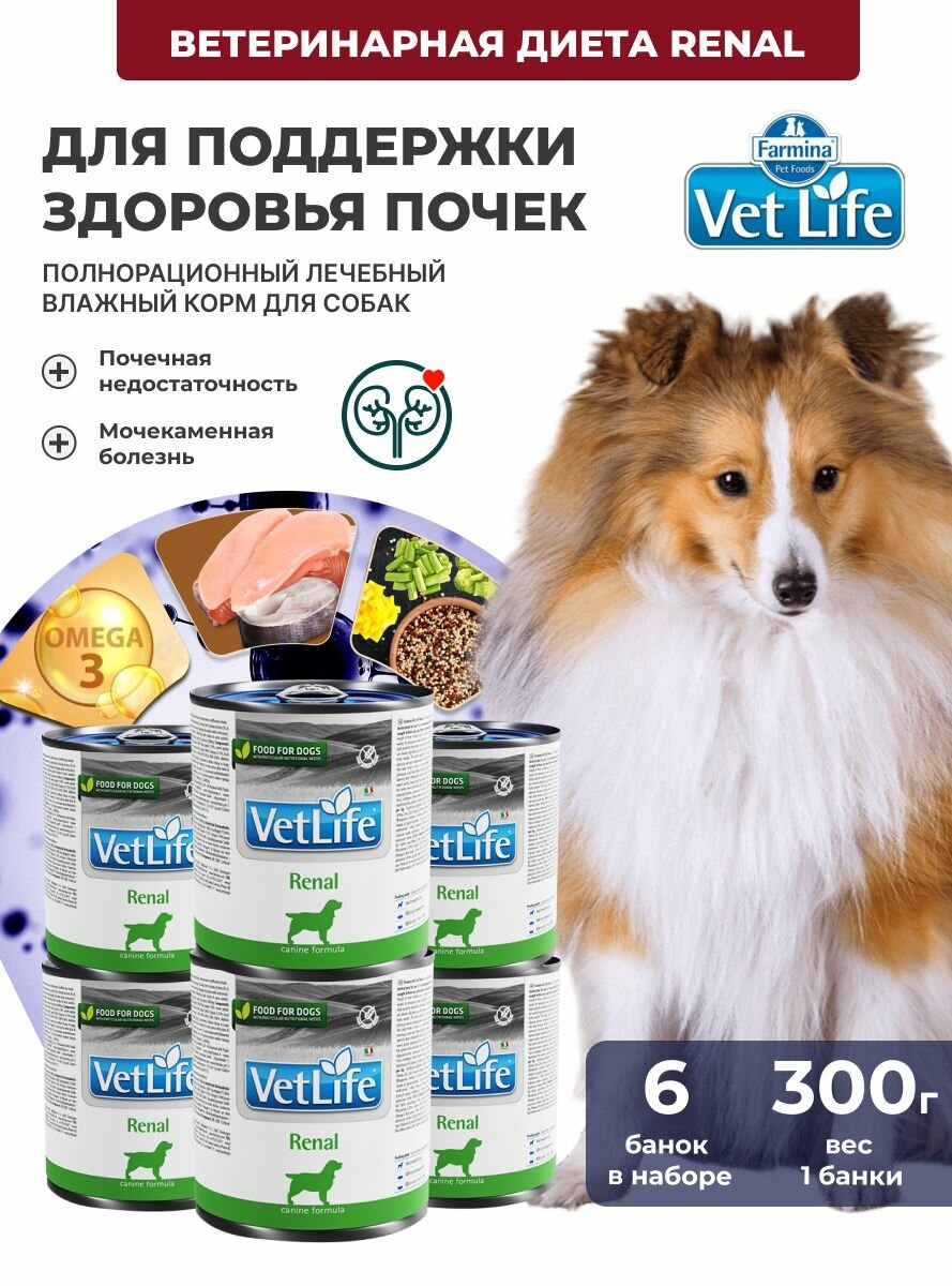 Диетический влажный корм для собак 6шт х 300гр При заболеваниях почек, почечной недостаточности, ХПН, МКБ Вет Лайф Ренал farmina Vet Life Renal
