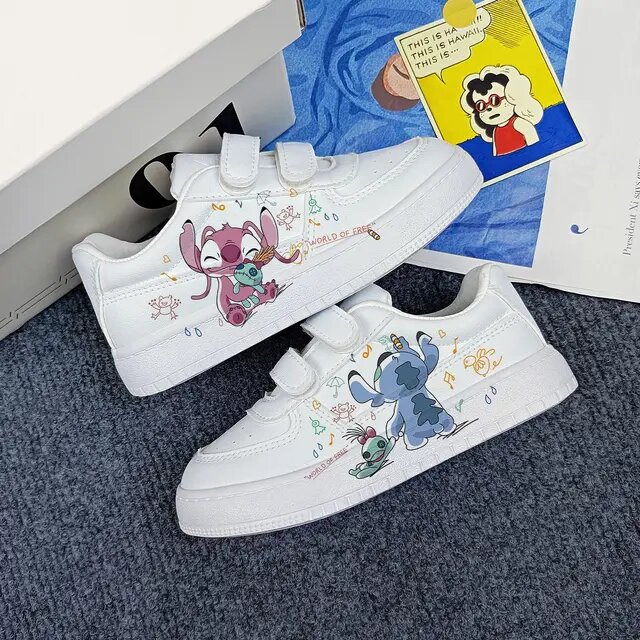 Детские кроссовки Disney Lilo & Stitch, белые туфли для мальчиков и девочек, спортивная обувь с принтом, детские теннисные туфли, обувь StellaLou с рисунком из мультфильма