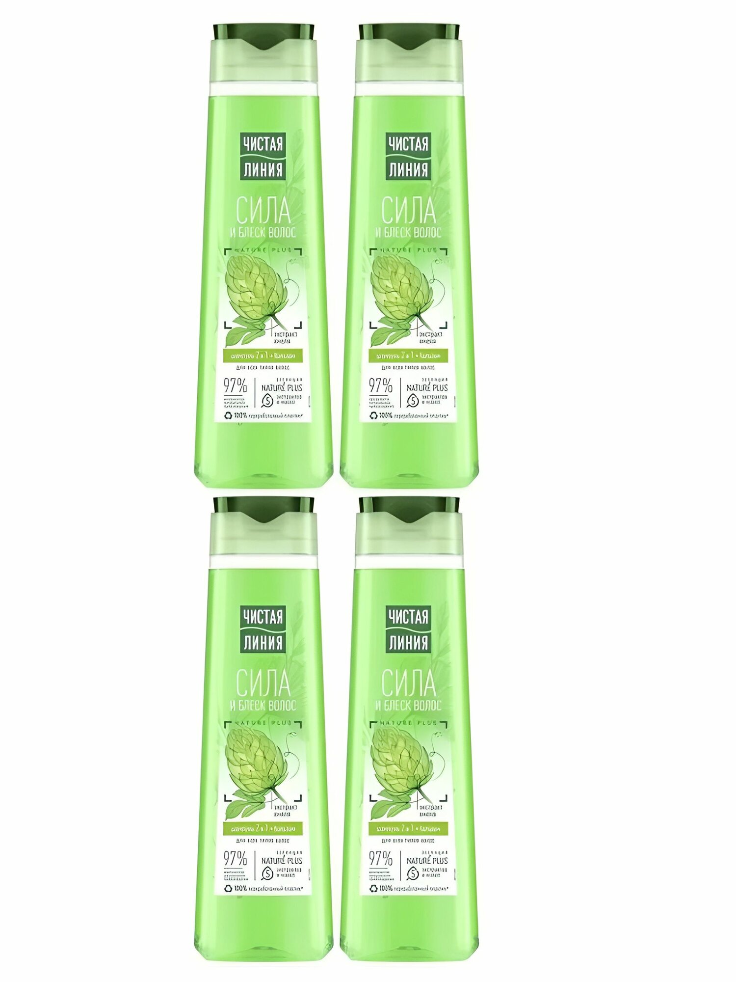 Шампунь Чистая Линия Сила и густота 2в1 Хмель и репейное масло для всех типов волос, 400 мл, 4 шт