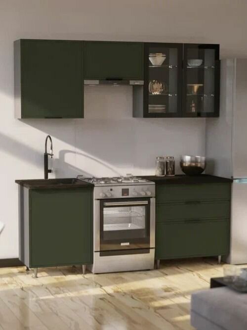 Кухонный гарнитур Николь 2м холст темно-зеленый/корпус графит со столешницей миф