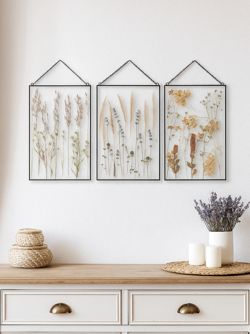 Триптих Сет из 3 панно на стену с сухоцветами Бежевые травы "Forget-me-not" / 20*30 см каждая рама / черная рама