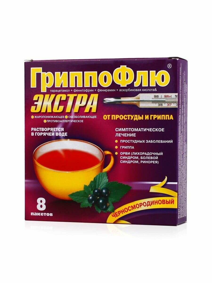 ГиппоФлю Экстра порошок для приготовления раствора для приема внутрь (черная смородина), пакетики 13 г, 8 шт.