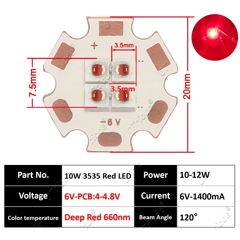 ИК светодиод OTdiode 10 Вт 660/730/760/810/850/940 нм 660nm 4-4.8V