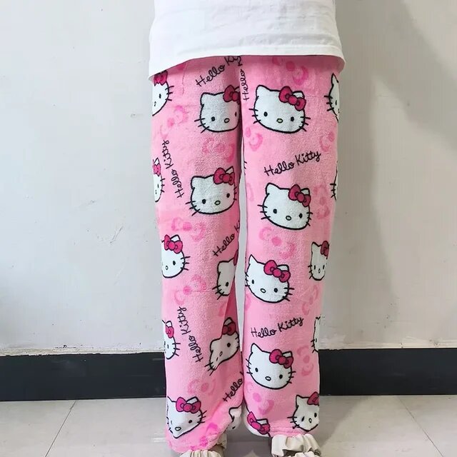 Пижамные штаны из кораллового флиса Sanrio Hello Kitty, мягкие и удобные, женская повседневная домашняя одежда, милый подарок на день рождения в стиле аниме, Размер: XL