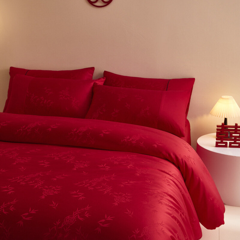 Жаккардовый свадебный комплект из четырех предметов, ярко-красное свадебное постельное белье, вышитый пододеяльник из домашнего текстиля, праздничный свадебный комплект из четырех предметов,200*230cm