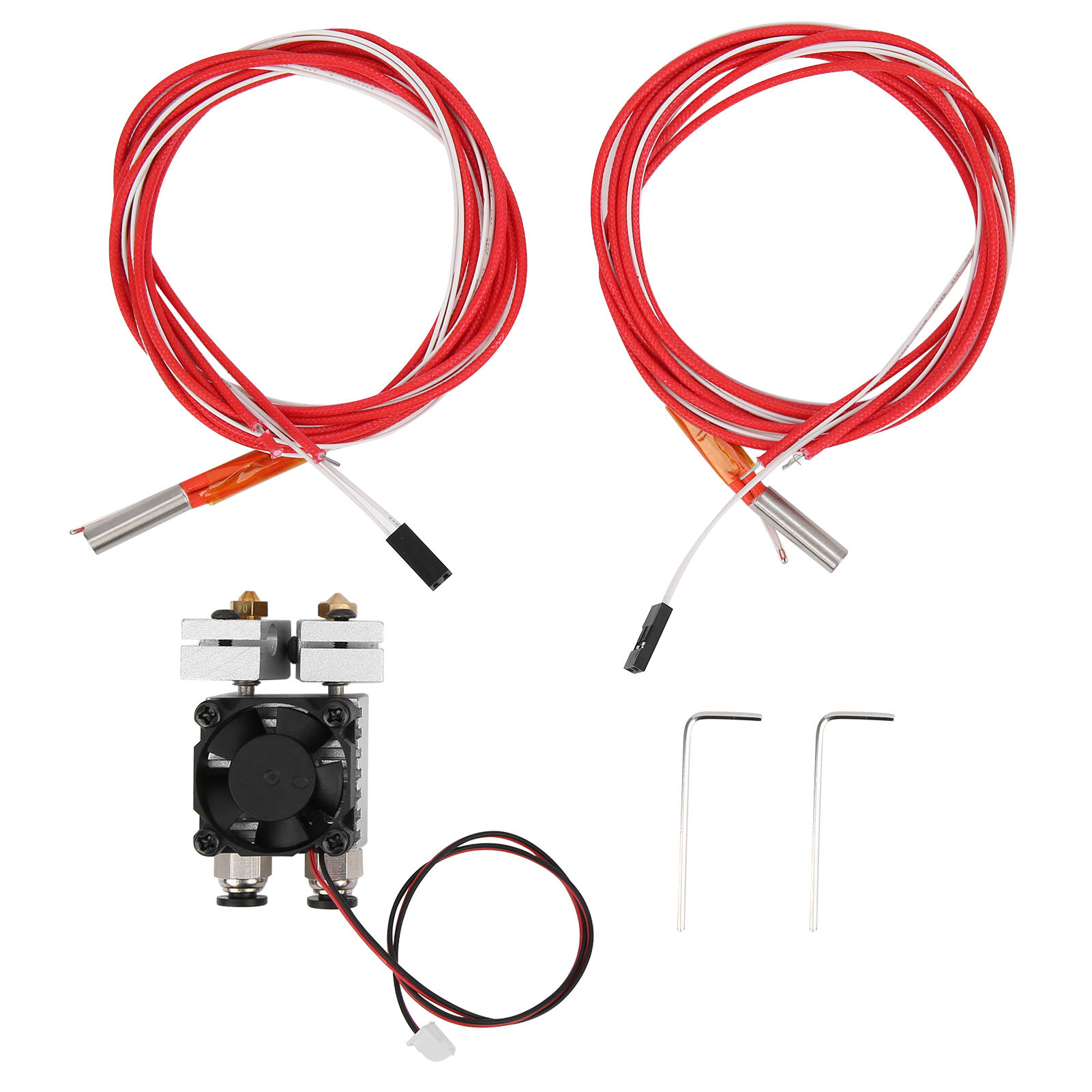 Аксессуары для 3D-принтера: комплект экструдера с двумя входами и выходами, блок «Вулкан», сопло, нагревательный элемент и комплектующие.