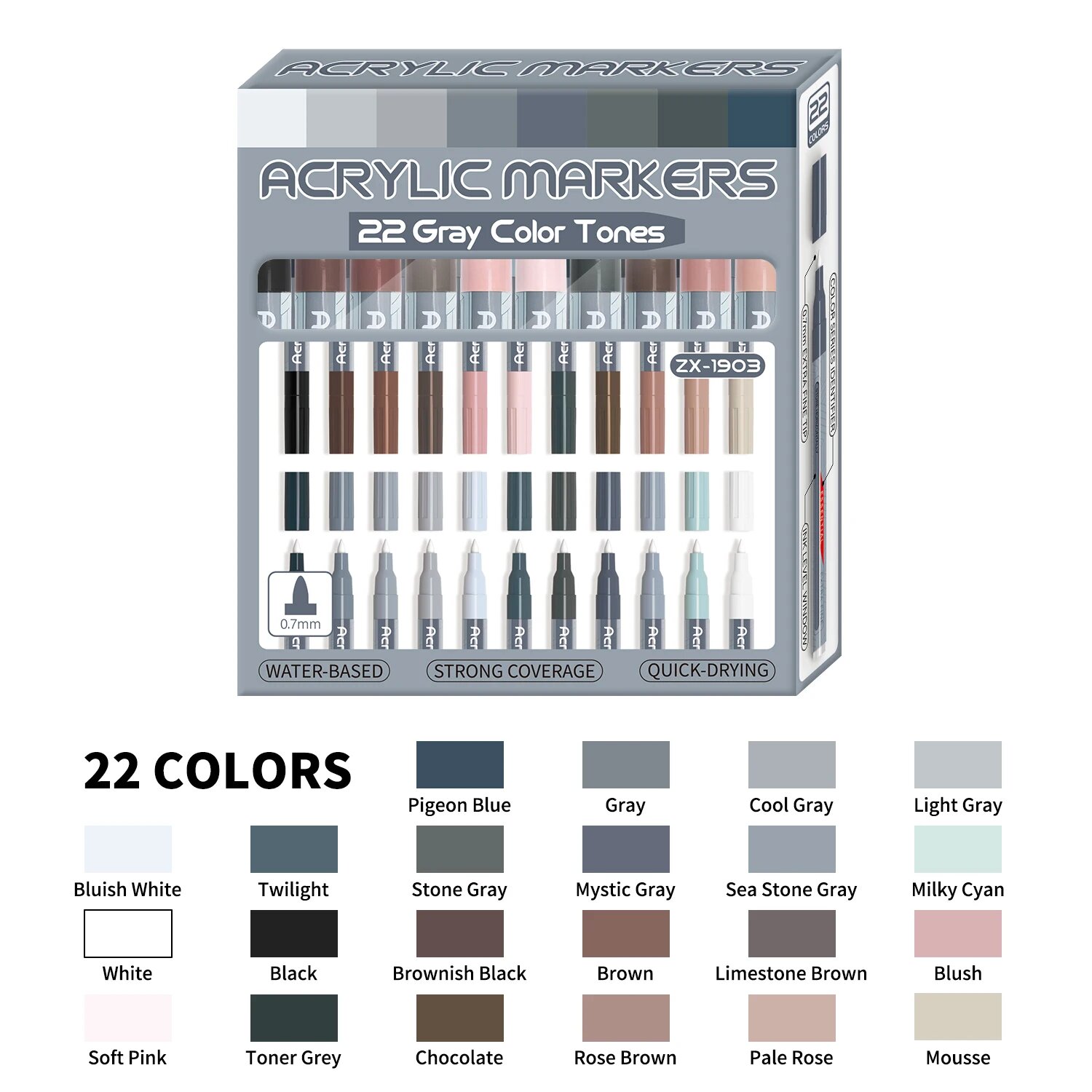 Акриловые маркеры Pro Color Art, 22 цвета, серый/кожаный оттенок 22 Gray Tones