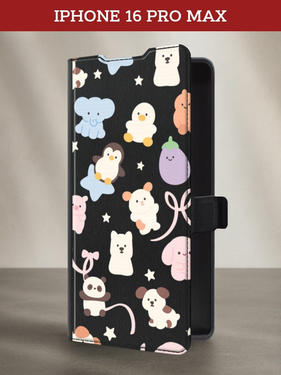 Чехол-книжка на Apple iPhone 16 Pro Max / Айфон 16 Про Макс с рисунком Детеныши животных паттерн, черный