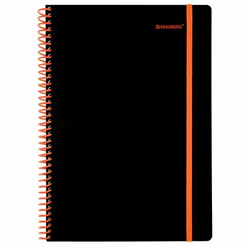 Тетрадь обложка пластик, А4 80 л, спираль пластик, резинка, клетка, BRAUBERG, черный/оранжевый, 405382