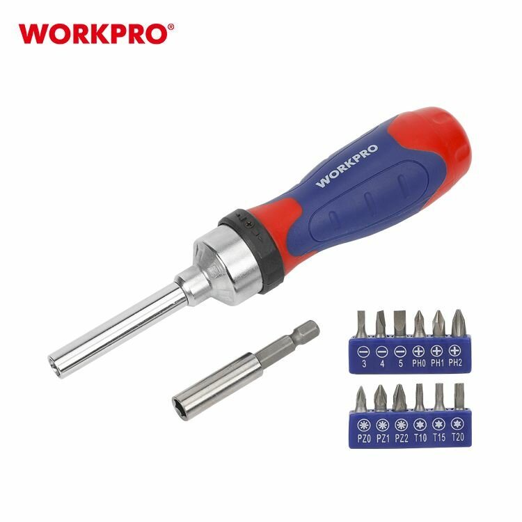 Отвертка с набором бит 14шт, храповый механизм WORKPRO