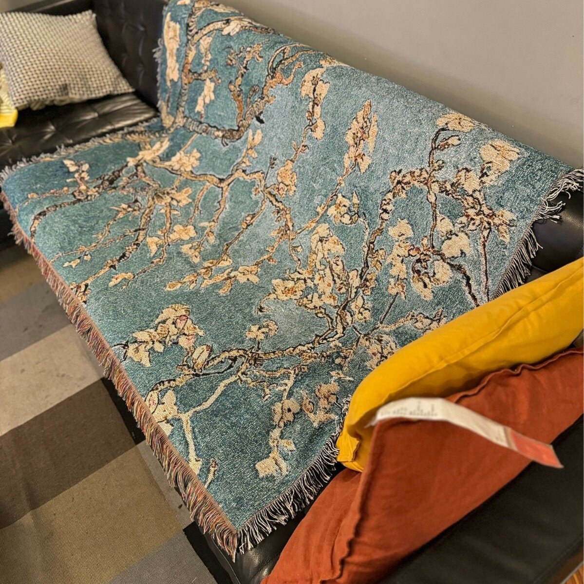 Плед-пончо, Диванное одеяло, Синее покрывало для дивана-кровати, Цветок абрикоса, 130x160cm