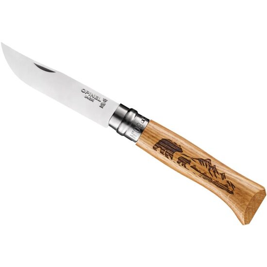 Нож Opinel №8 Animalia, нержавеющая сталь, рукоять дуб, гравировка медведь