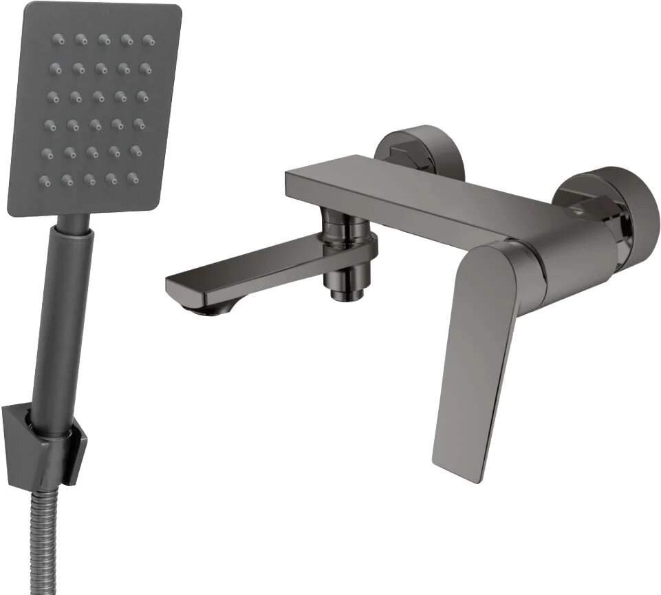 Смеситель для ванны с душем Haiba HB60533-3 с душевым гарнитуром, настенный, однорычажный, с поворотным изливом, серый, матовый, латунный, с керамическим картриджем