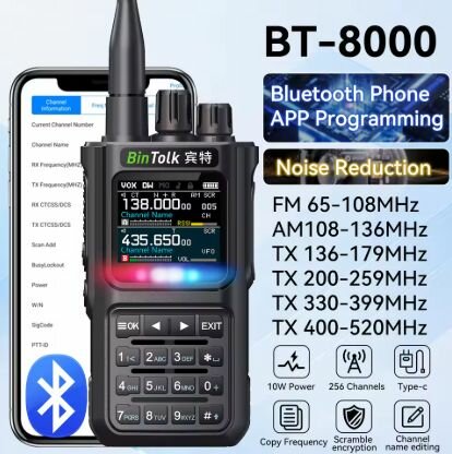 Радиостанция (рация) BinTolk BT8000, 10 Вт, многодиапазонная, с Bluetooth, программируемая, с шумоподавлением, КВ (коротковолновая), любительского класса, усовершенствованная версия (RT900)