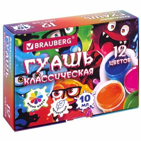 6 шт. Гуашь BRAUBERG "монстрики", 12 цветов по 10 мл, 192642
