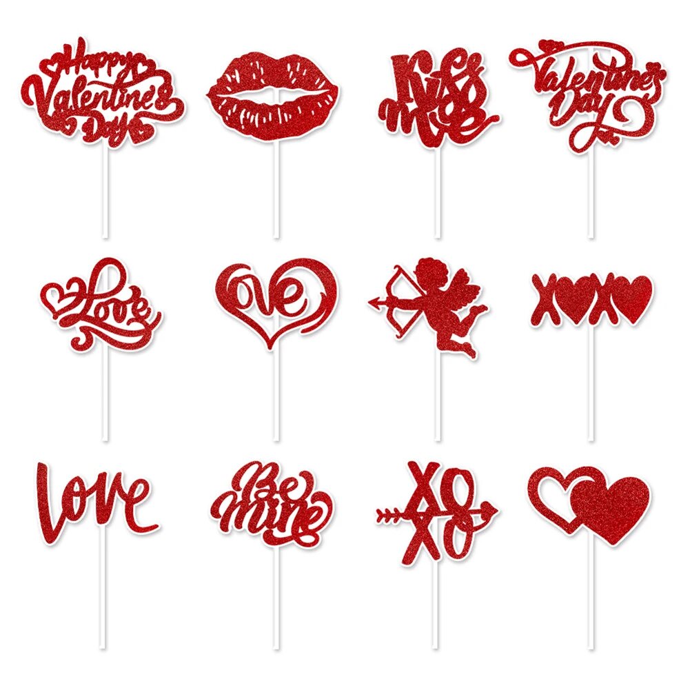 Красный картонный набор сердечных украшений для торта, 12 шт. White Cardboard