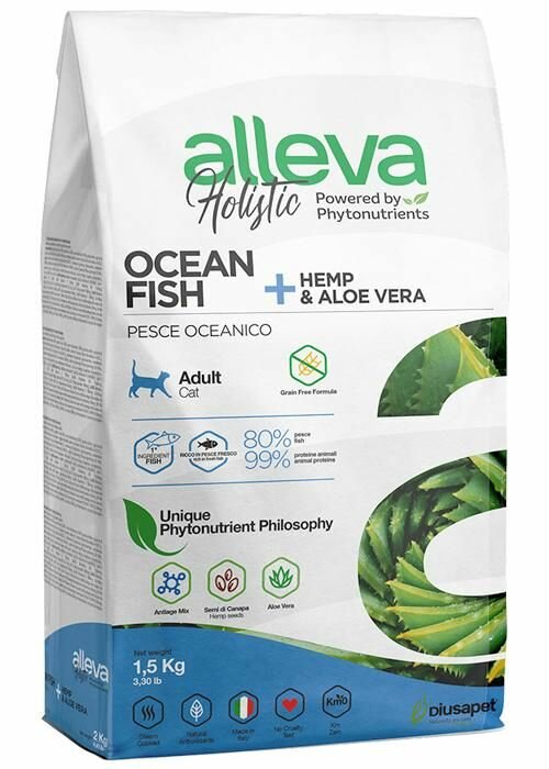 Alleva (Аллева) Holistic 1,5 кг сухой корм для взрослых кошек с океанической рыбой коноплей и алоэ вера беззерновой холистик супер-премиум