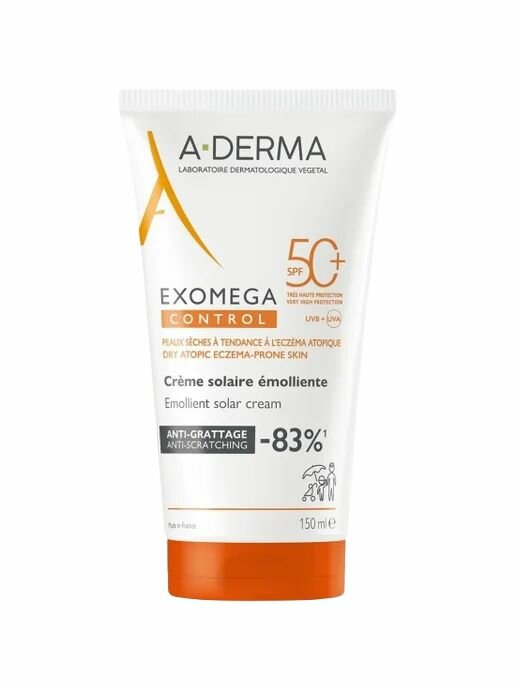 A-DERMA Exomega Control Крем-эмолент для лица и тела смягчающий солнцезащитный SPF 50+, 150 мл
