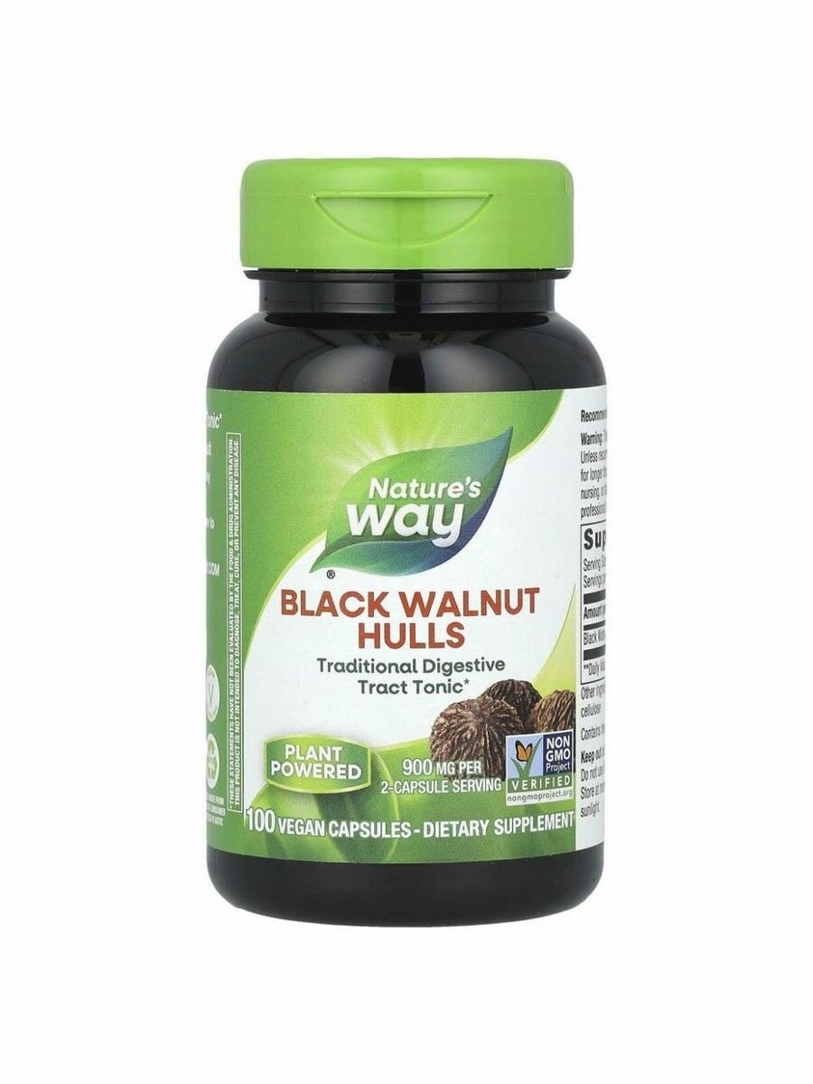 Скорлупа чёрного ореха, Nature's Way, Black Walnut Hulls, 900 мг, 100 веганских капсул
