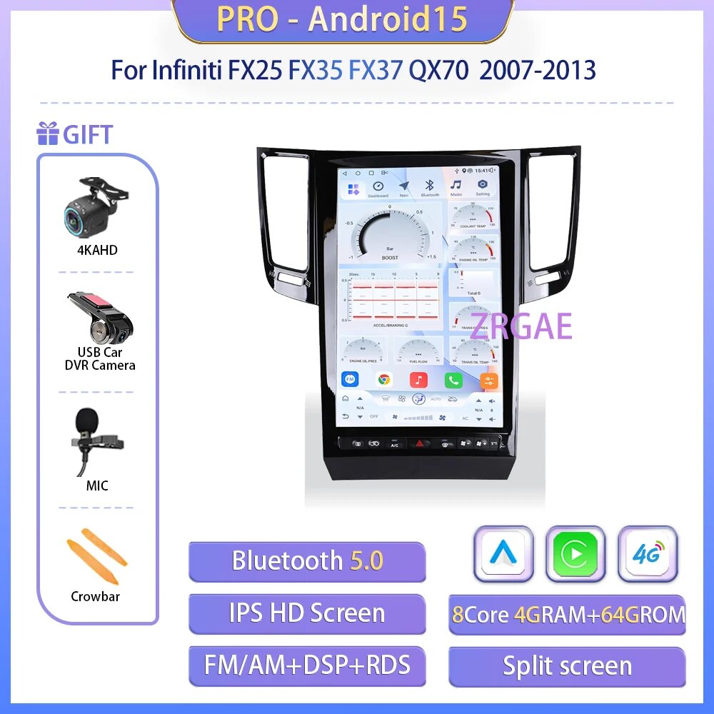 Автомагнитола с сенсорным экраном, Android Auto и CarPlay для Infiniti FX25, FX35, 8Core 4-64G DVR
