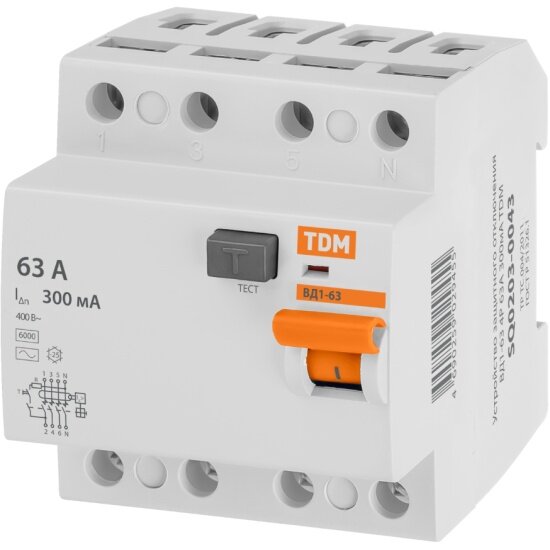Устройство защитного отключения (УЗО) Tdm Electric ВД1-63 4Р 63А 300мА (SQ0203-0043)