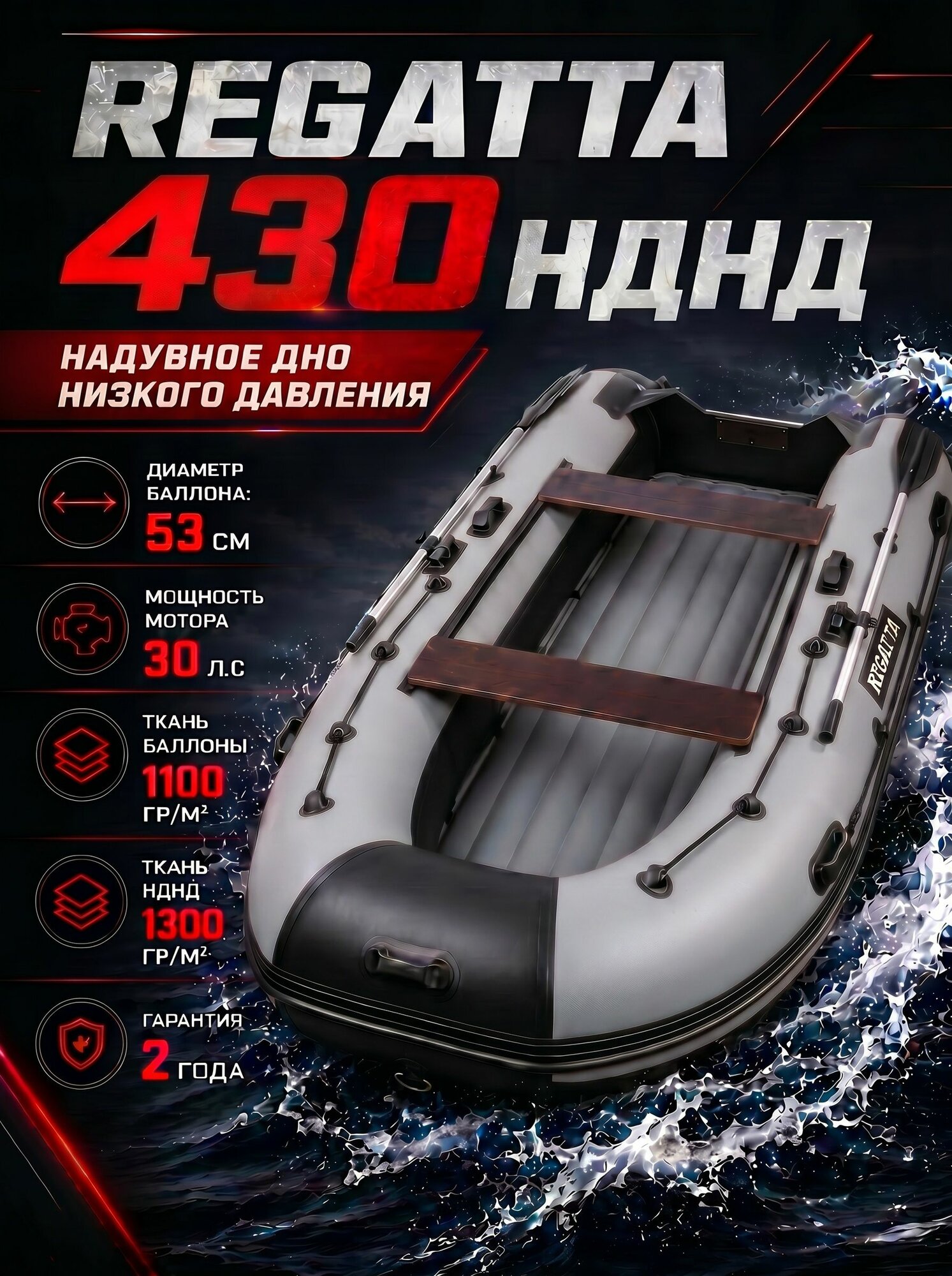 Regatta 430 НДНД черно-серая, надувная лодка ПВХ, надувное дно, восьмиместная, под мотор до 30 л. с, для рыбалки, охоты и прогулок