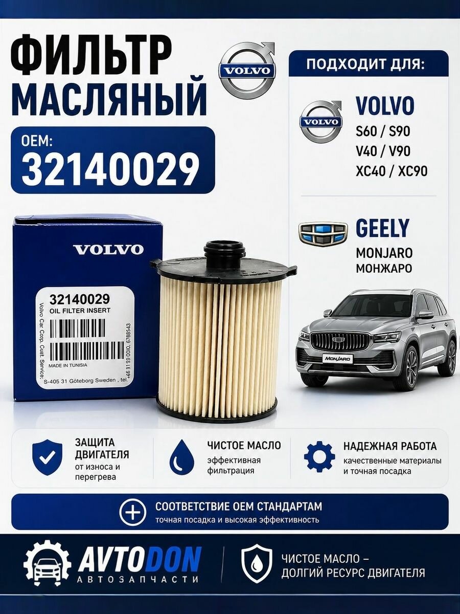 Фильтр масляный Volvo Волво S60/S90 V40/V90 XC40/XC90 Geely Джили Monjaro Монжаро // OEM: 32140029 1056025900