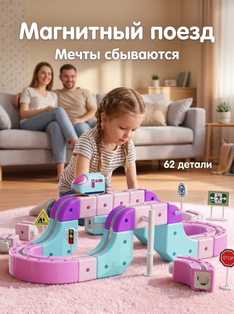 Магнитный конструктор-поезд, для девочек, с 3 лет, 62 детали