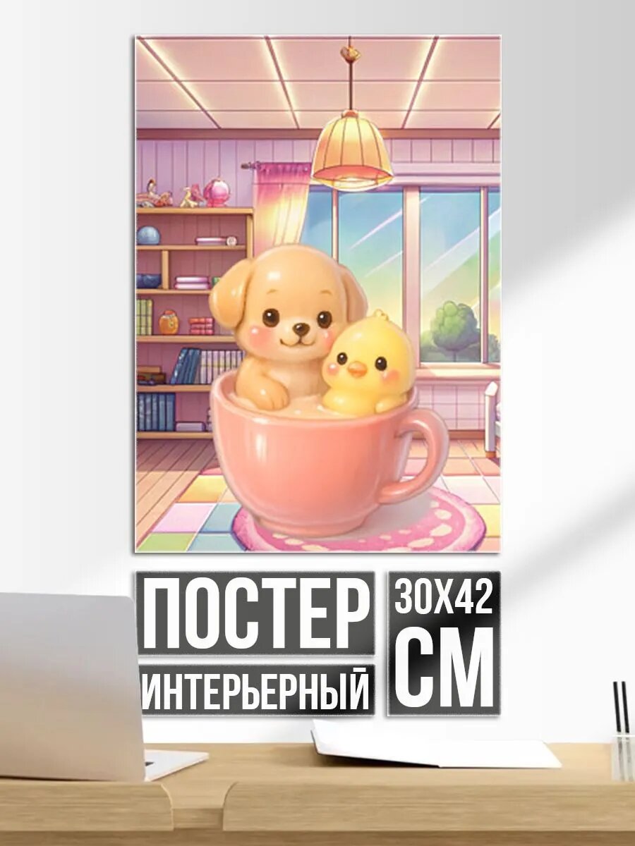 Постер на стену Цыпленок и щенок в кружке