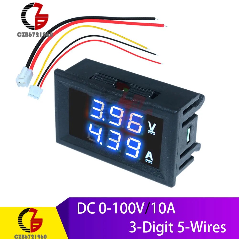 Цифровой вольтметр-амперметр 0-100В/10А, 3-Digit 5-Wires, Blue-Blue