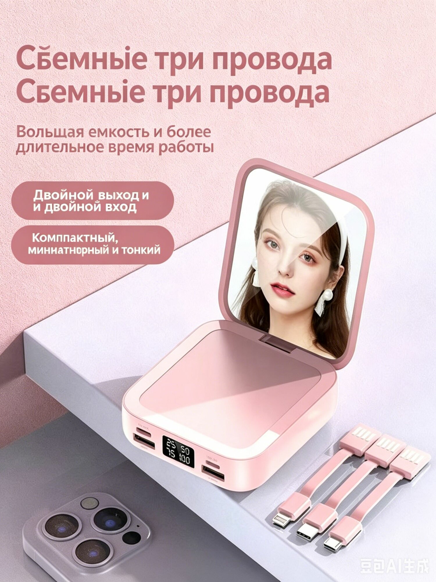 Внешний аккумулятор повербанк, 10000 мАч, 10000 Вт, светло-розовый