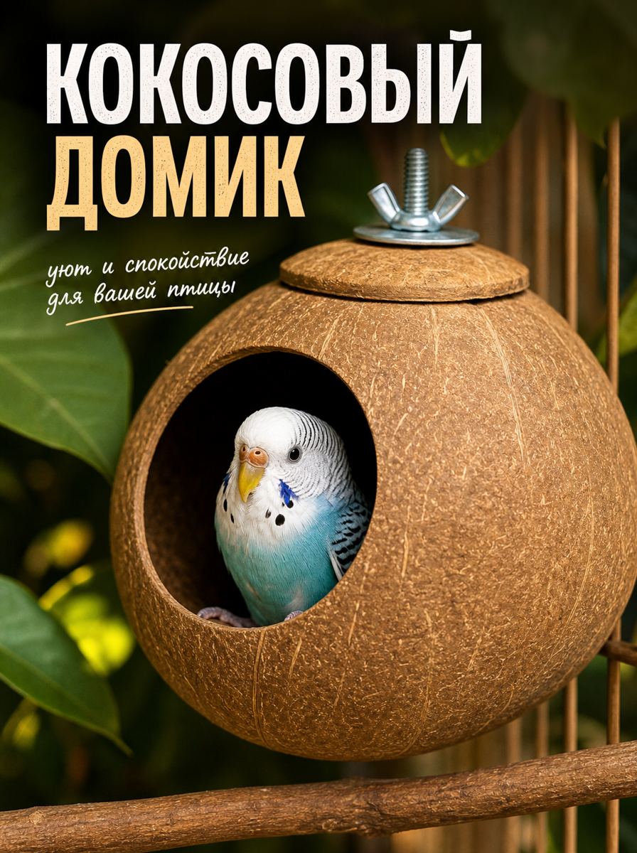 Гнездо из кокосовой скорлупы для попугаев 14-16 см, домик с креплением на винтах