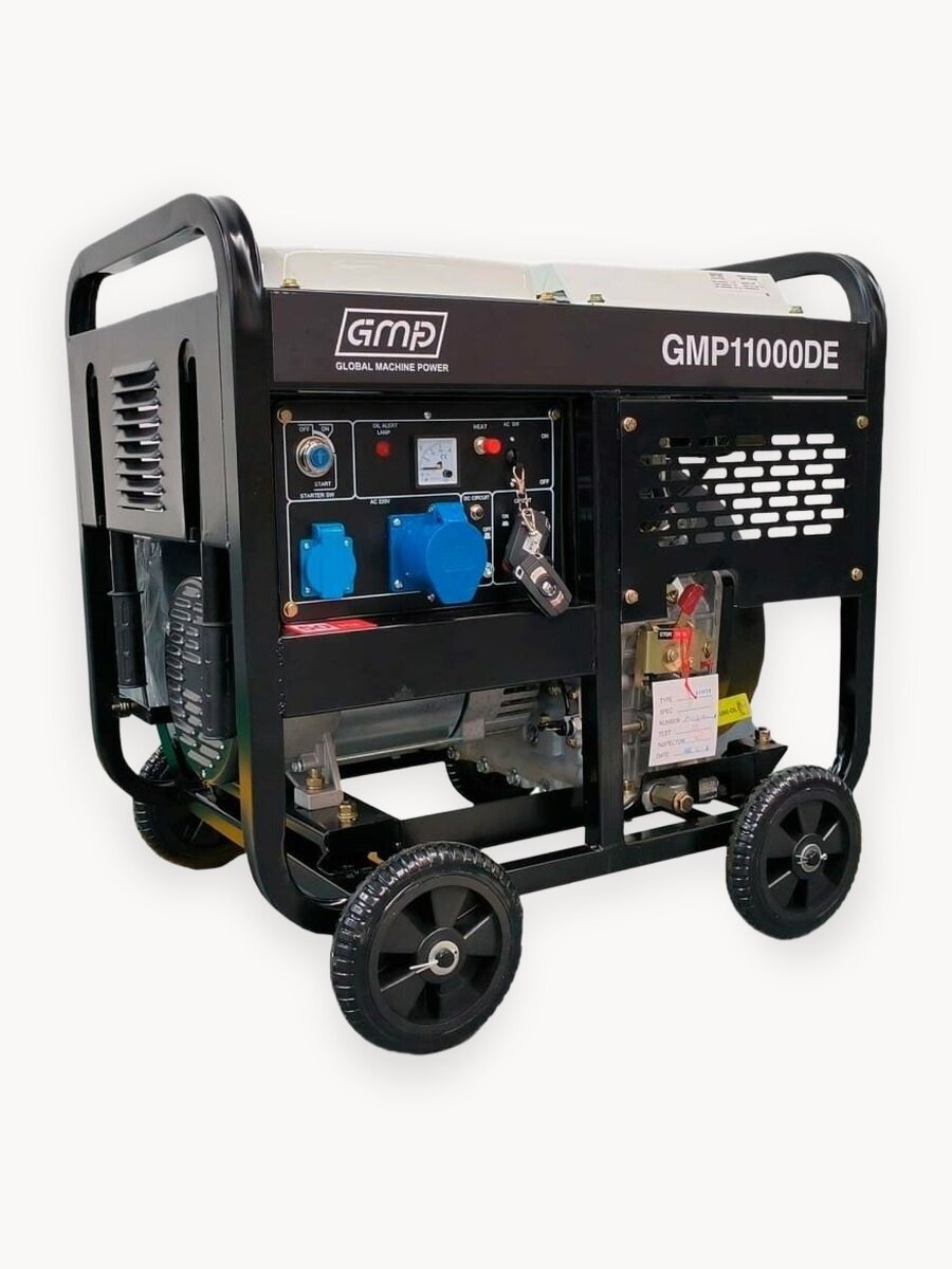 Дизельный генератор GMP 11000DE (8300 Вт, 8.3 кВт, ручной и электрический запуск, 2 розетки 220В, выход 12В, на колесах, глушитель, аккумулятор)