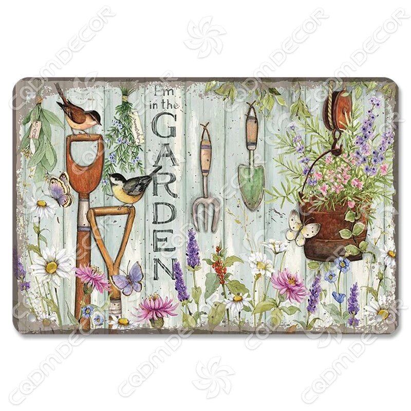 Металлическая табличка "I'm in the Garden" с цветами и инструментами, цвет 24