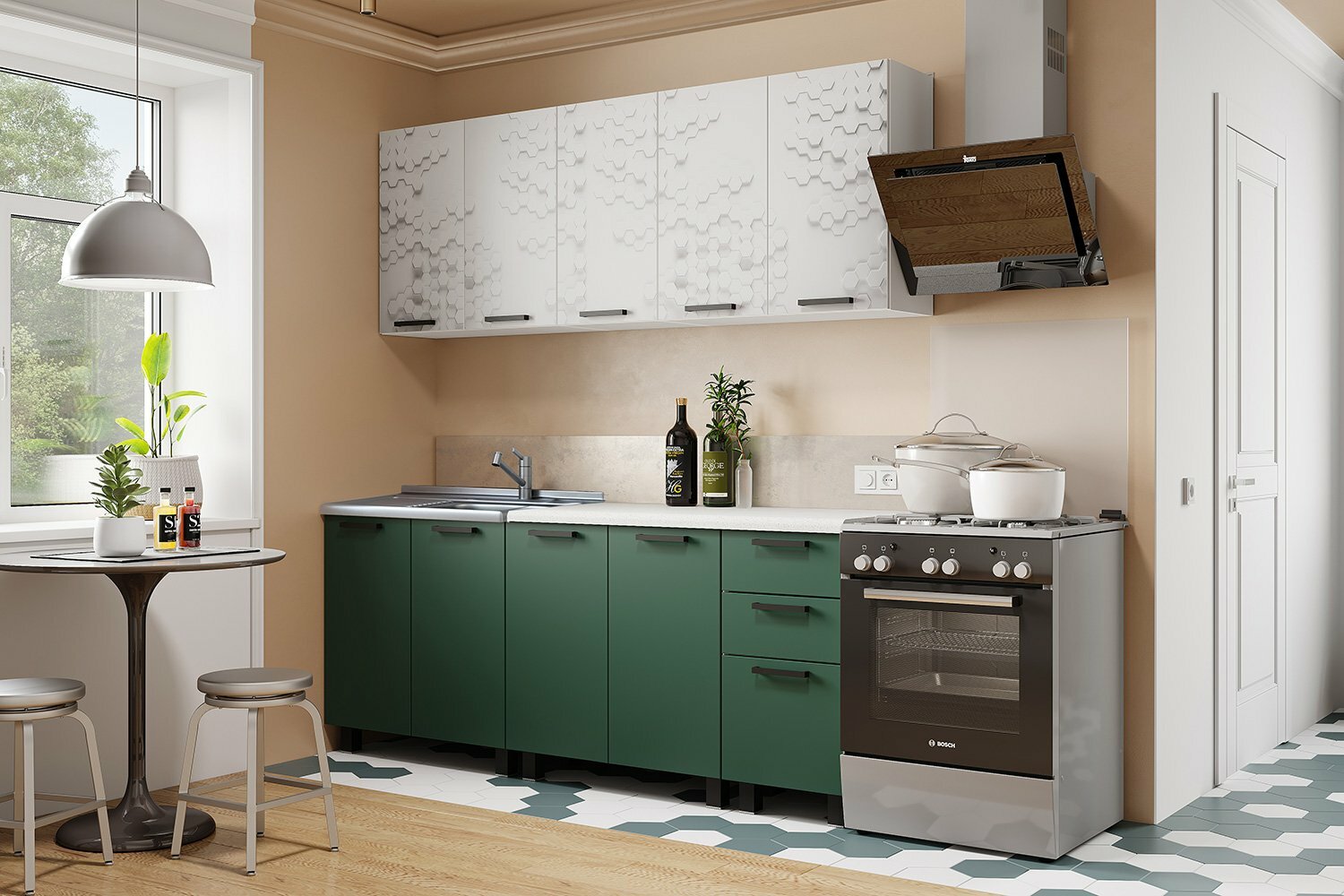 Кухня 3D техно, 200х216,6х60 см, столешница в комплекте, цвет белый, зелёный, антарес