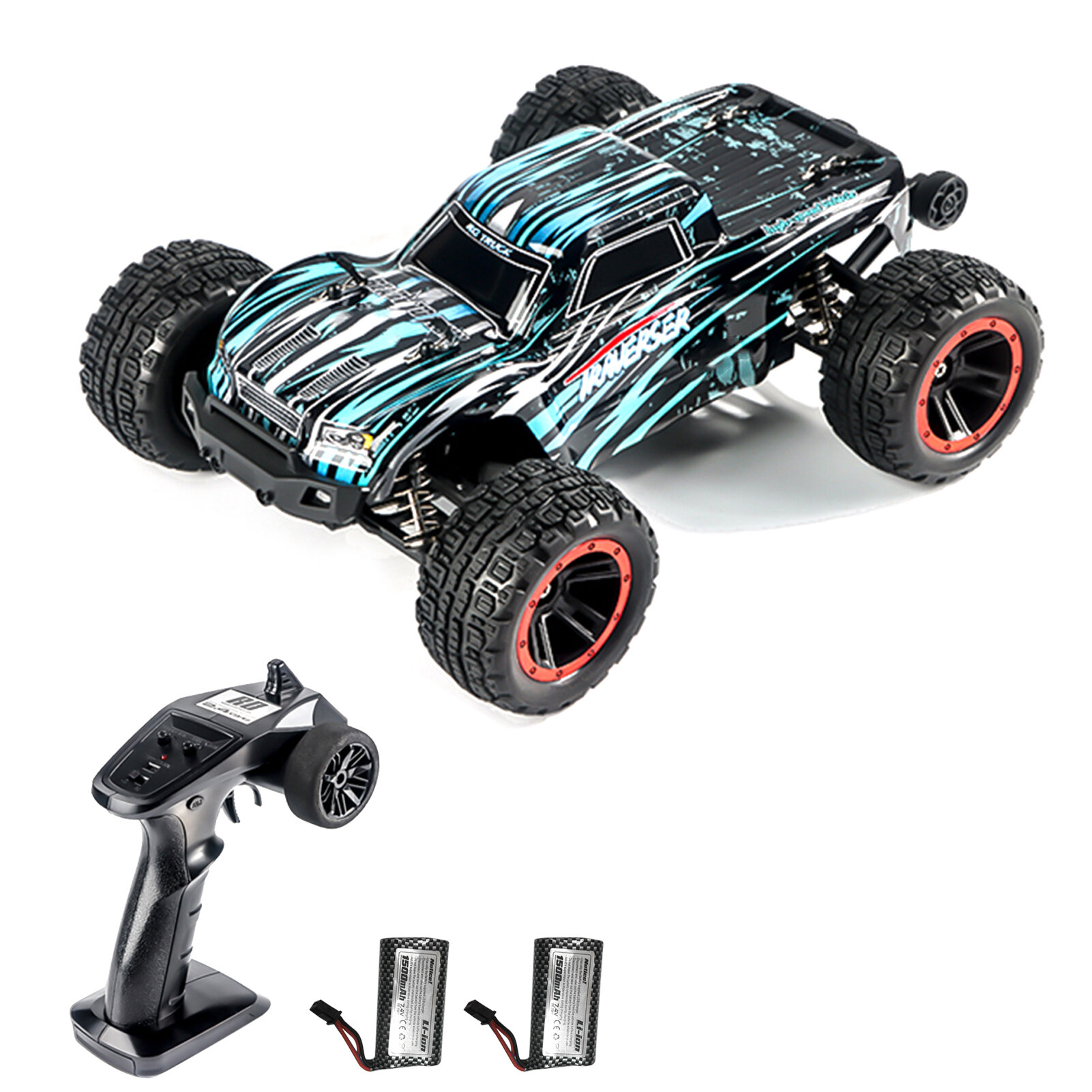 Радиоуправляемая машина, 1:14 4WD 2.4GHz радиоуправляемый грузовик 40км/ч высокоскоростной вездеходный игрушка с щеточным мотором светодиодными фарами 2 батареей, синий цвет, размер 28.6*21.8*12см, батарея 7.4V 1500mAh Li-ion, диапазон управления ≥70