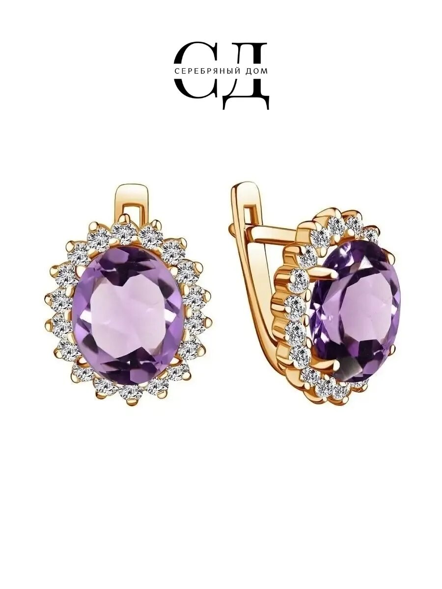 Серьги, 925, 585 проба, золочение, кварц синтетический, фианит