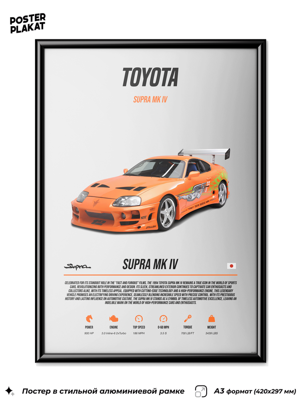 Постер на стену с машинами, Toyota Supra MK IV, авто Тойота Супра, для интерьера, в раме, А3 (420х297 мм), Постер Плакат
