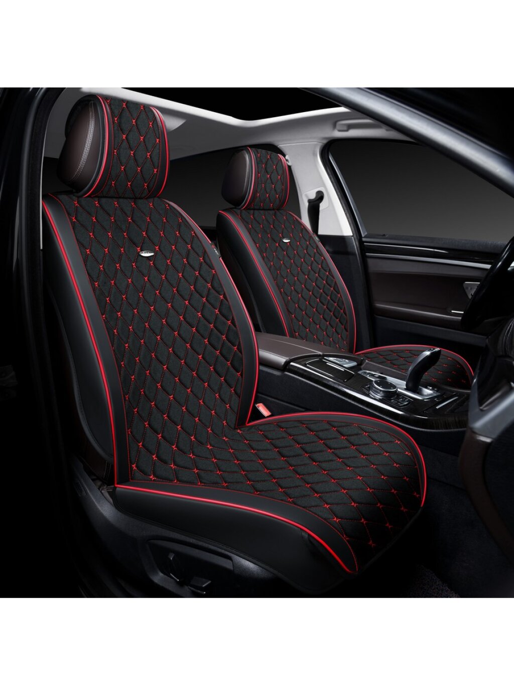 Накидка на сиденье эко-кожа/лен черный/отстрочка красная "PSV" 3D Baron 2 (на передние сиденья)