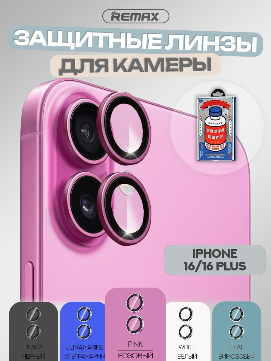 Защитные линзы для камеры iPhone 16 / 16 Plus, REMAX GL-27, розовые линзы, подходят для цвета розовый (Pink)