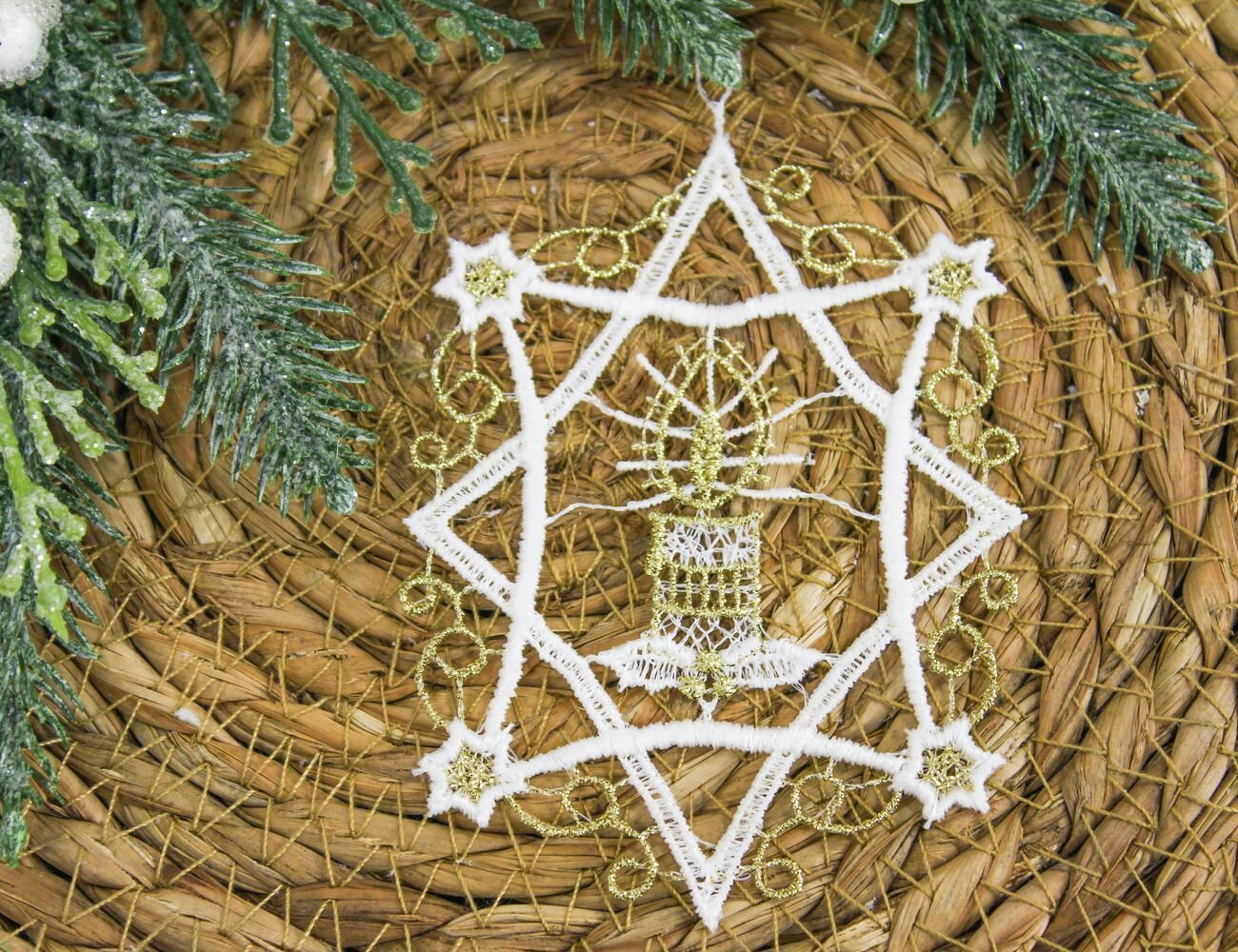 Ёлочная игрушка ажурная свеча, коллекция рождественское кружево, текстиль, 10 см, Vogel 2776-72