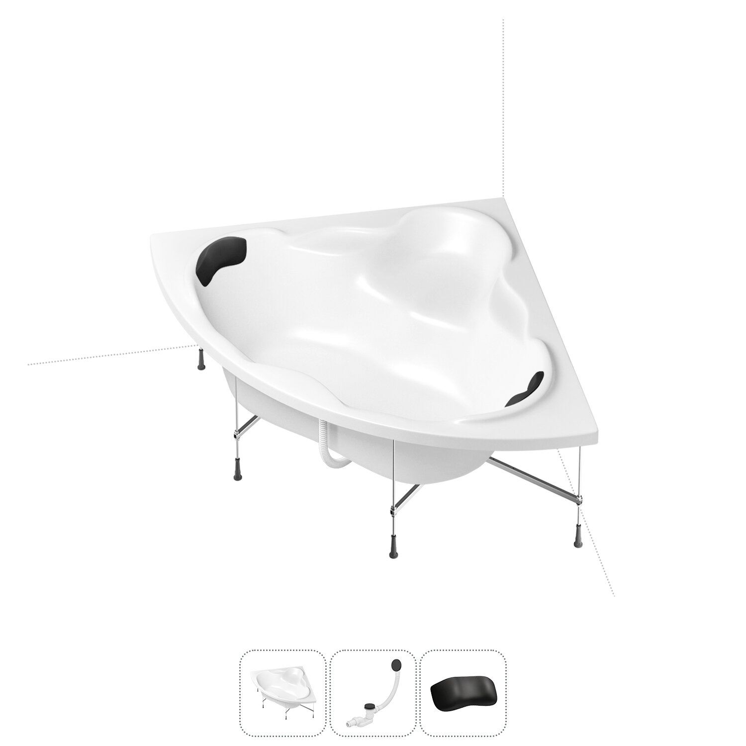 Угловая ванна акриловая 140 x 140 с каркасом Lavinia Boho Elegant 20221031R в наборе 4 в 1: акриловая ванна, каркас, слив-перелив, подголовник