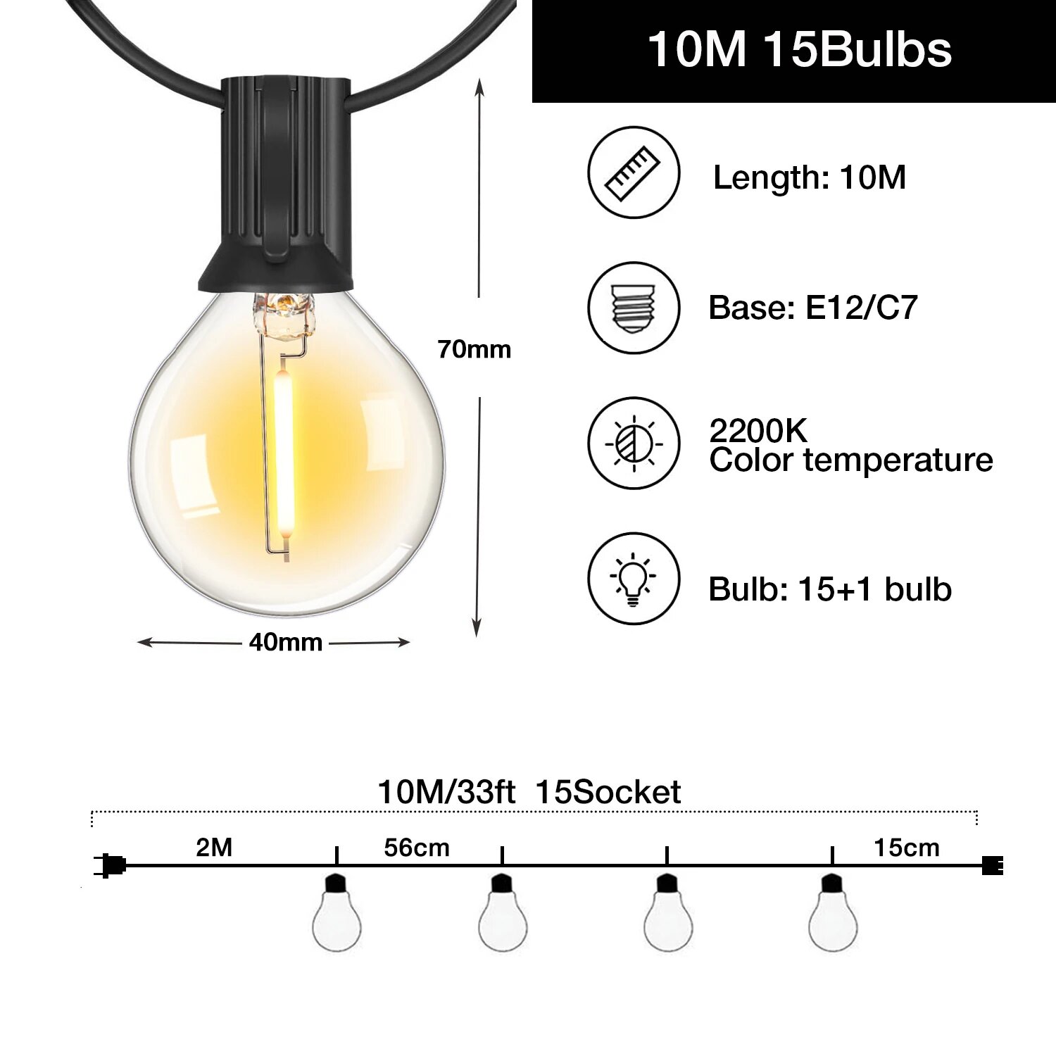 GANRILAND светодиодные гирлянды G40 50 футов 10M15Bulbs, Европейская вилка (EU Plug)