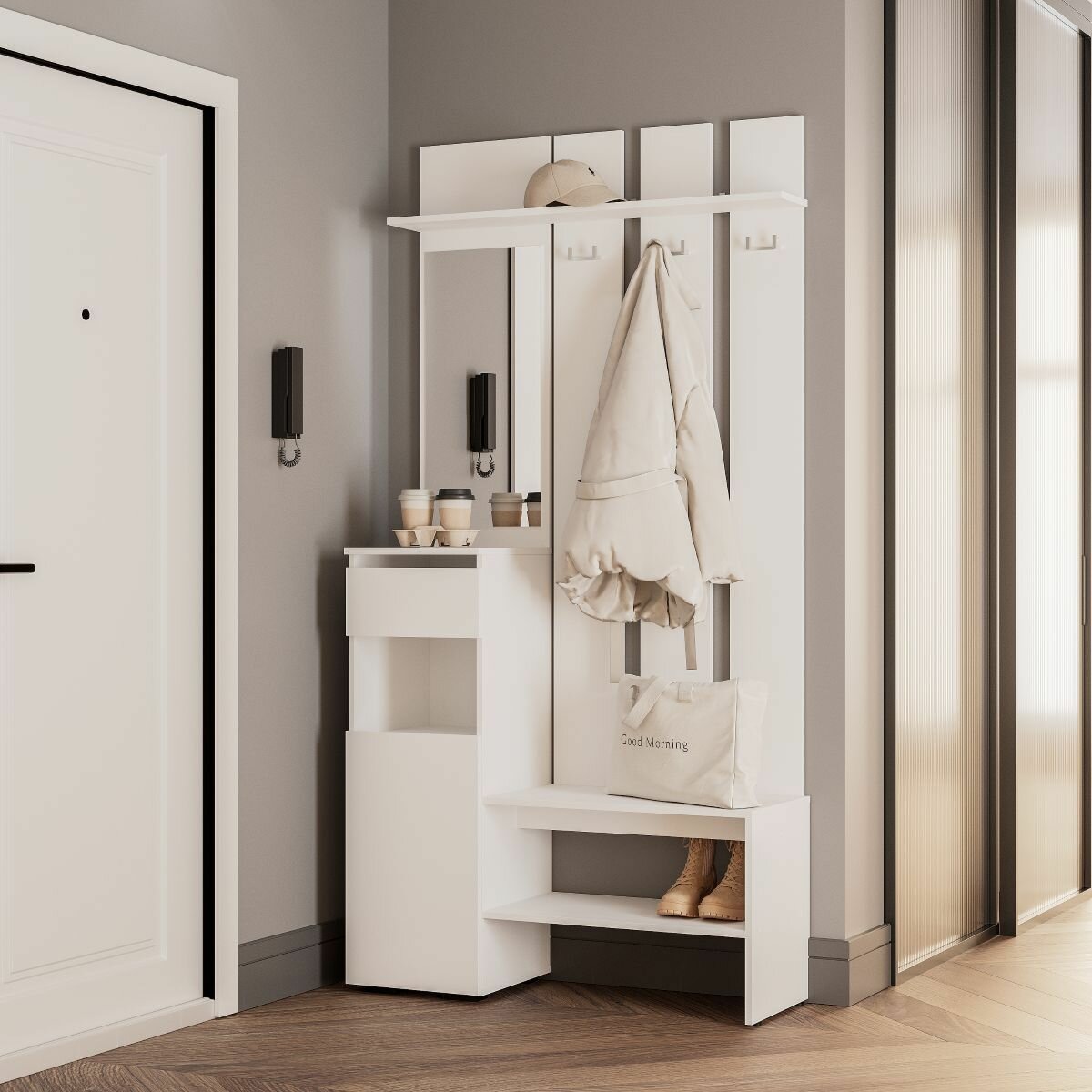 Прихожая "Мия" ПР-03 ЛДСП белая (вешалка, зеркало, тумба для обуви)