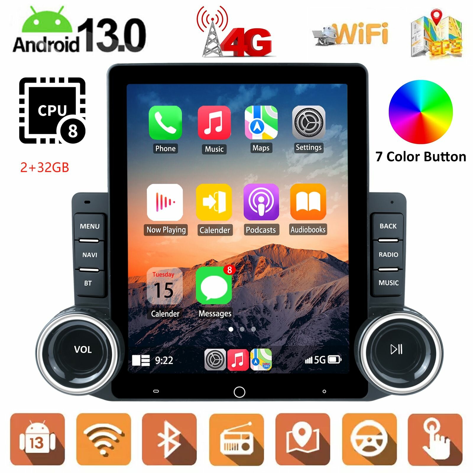 Автомагнитола 9,7-дюймовая 2din 2 + 32G Android 13 со светодиодным экраном, 8 ядер, с поддержкой 4G, DSP, Carplay, AM, двумя кнопками-регуляторами