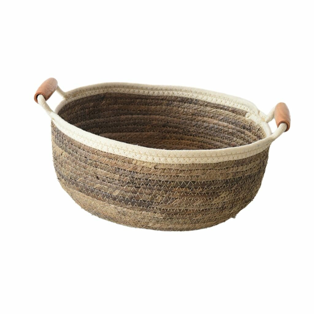 Настольная корзина для хранения банановой веревки с деревянной ручкой-большой белый край