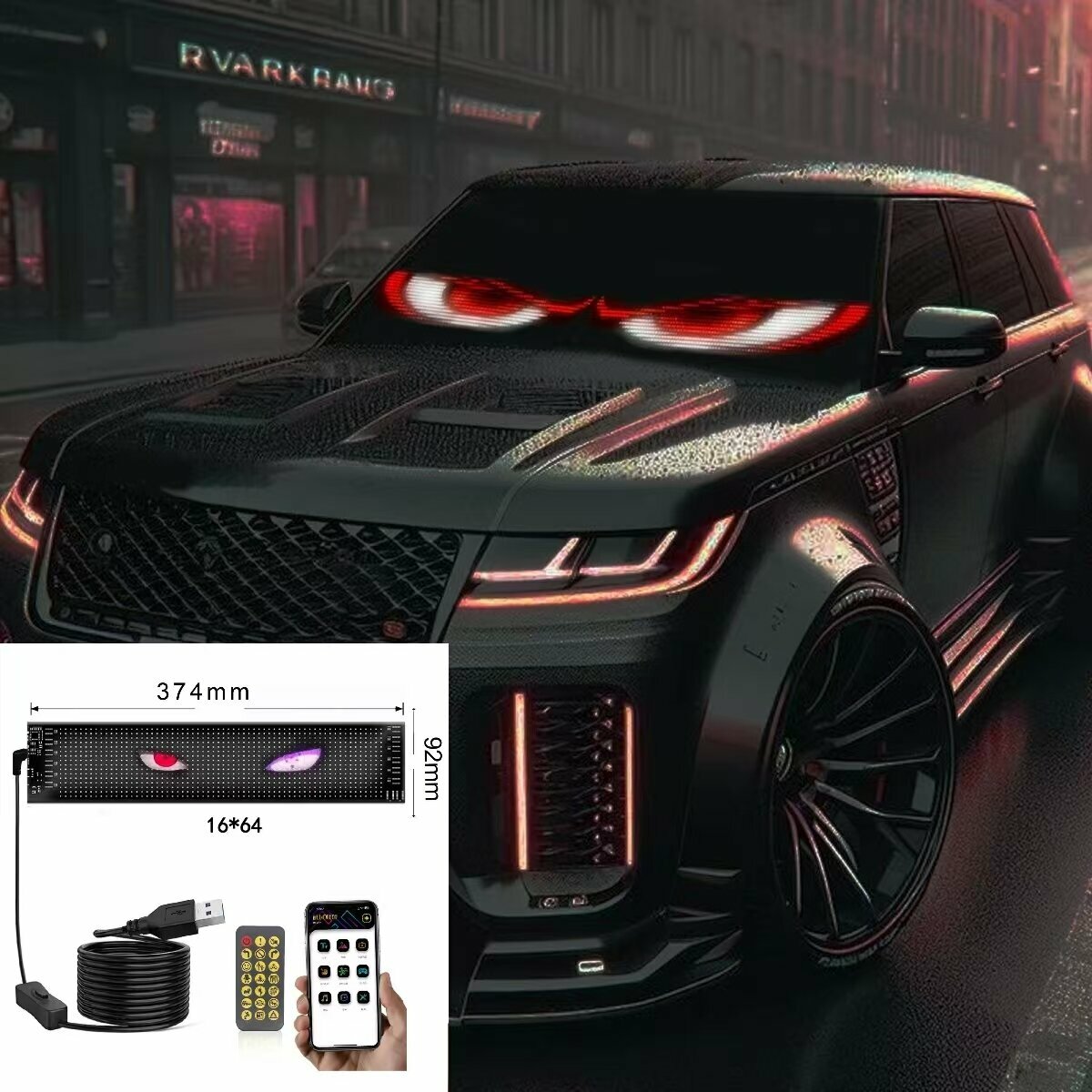 Гибкий светодиодный экран для окон в бытовых автомобилях, динамические большие глаза для лобовых стекол с программным управлением и дистанционным управлением 374*92 мм