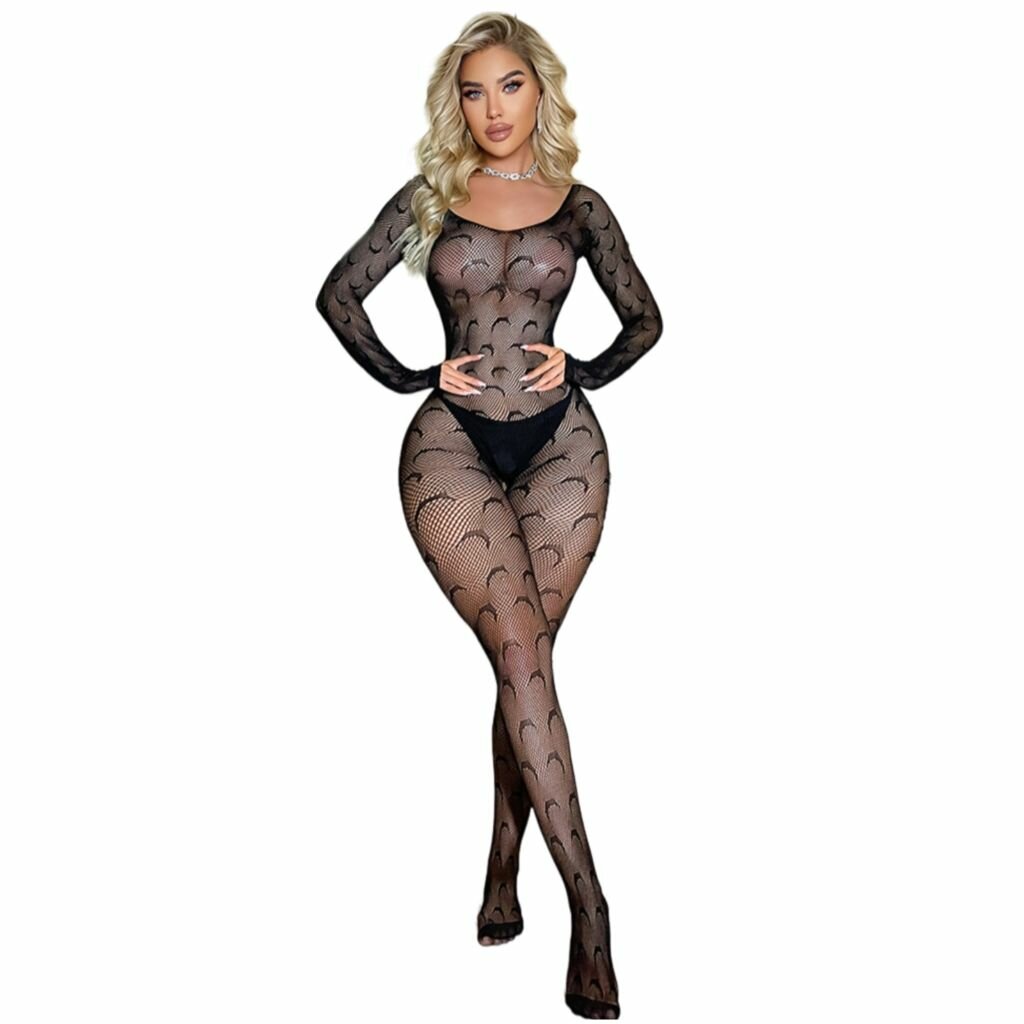 Боди-комбинезон с длинным рукавом и низким круглым вырезом, облегающий рыболовную сеть, черный