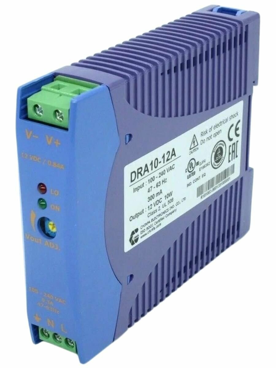 Преобразователь напряжения с 220 вольт до 12 вольт на din-рейку DRA 10-12 10Вт 0.84 ампера